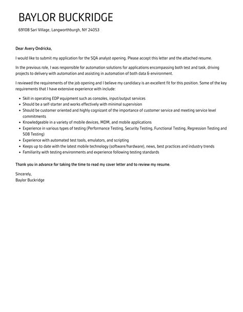 Sqa Analyst Cover Letter Velvet Jobs