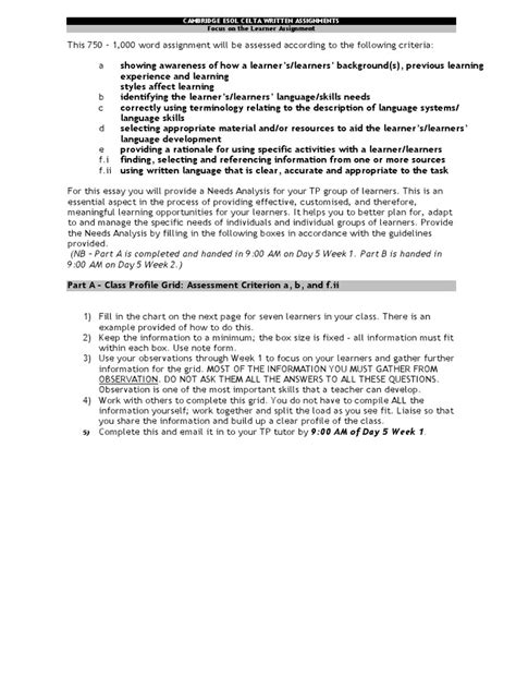 Cambridge Esol Celta Focus On Learner Needs Analysis Pdf Grammatical Number Reading Process