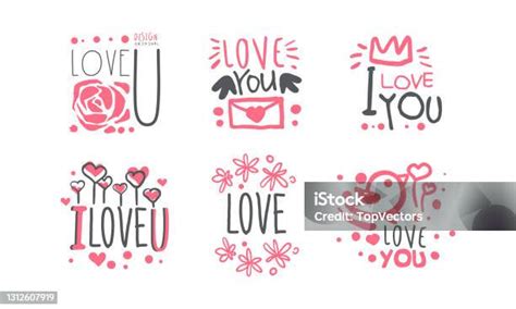 나는 당신을 사랑 당신 라벨 디자인 템플릿 세트 휴일 로맨틱 데이트 빨간색과 검은 손으로 그린 배지 만화 벡터 일러스트 로고에