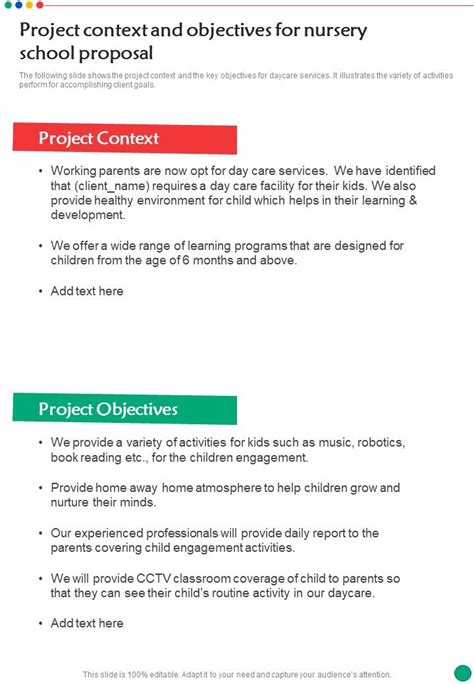 Project Context And Objectives For Nursery School Proposal One Pager