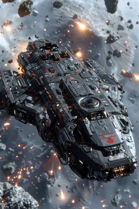 Futuristic Spaceship In Outer Space Amidst Asteroid Field Epic Sci Fi