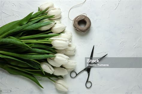꼬기와가 위는 흰색 콘크리트 바탕에 흰색 튤립의 꽃다발 최고의 볼 수 있습니다 플랫이 하다 부활절 어머니의 날 및 봄 휴가 대 한 엽서 3월에 대한 스톡 사진 및 기타