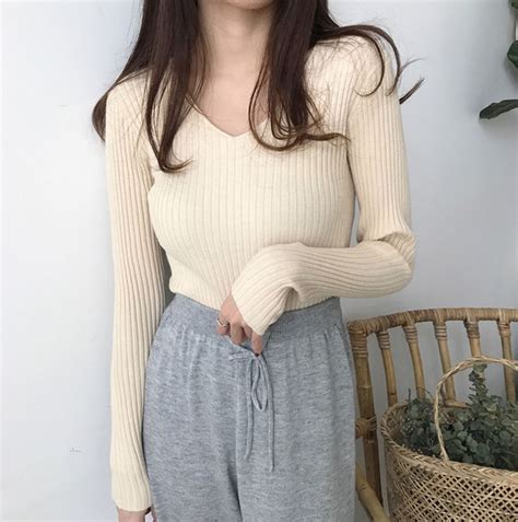 비비 브이넥 골지 슬림핏 니트 티셔츠 여성 가을 겨울 긴팔 티 데일리 코디 6color