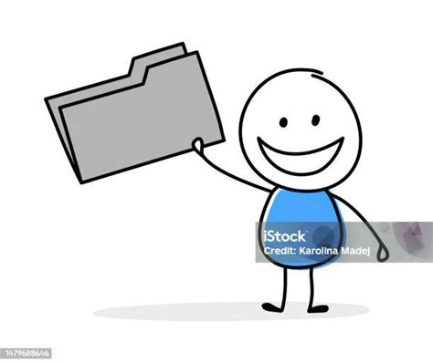 손으로 그린 폴더 기호입니다 아이콘을 들고 있는 스틱맨이 있는 재미있는 개념 만화 스타일 디자인 벡터 그림 개념에 대한 스톡