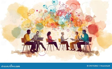 A Brainstorming Session With People Surrounded By Colorful Thought Bubbles Capturing The