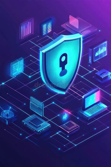 Digital Security Shield Surrounded By Various Technology Devices In A