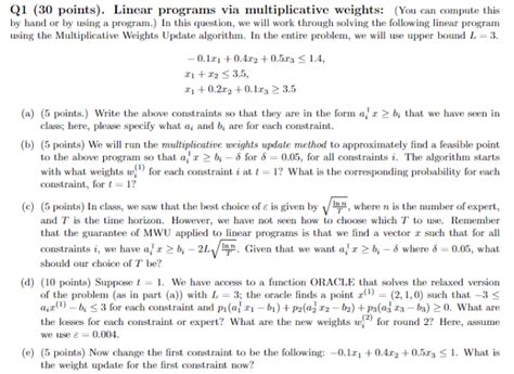 solved q1 30 points linear programs via multiplicative