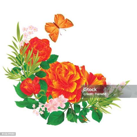 오렌지 장미와 나비 빈티지 축제 배경 벡터 일러스트 레이 션 편집 가능한 꽃 초승달 프레임 0명에 대한 스톡 벡터 아트 및 기타