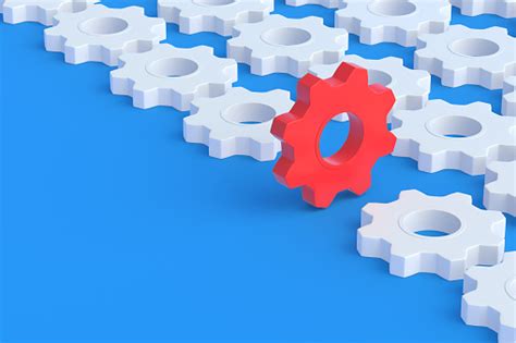 많은 흰색 기어와 붉은 색 중 하나 공학 기술 메커니즘 개발 산업 발전 아이디어 개념 독특한 비즈니스 솔루션 공간을 복사합니다 3d 렌더링 3차원 형태에 대한 스톡 사진 및