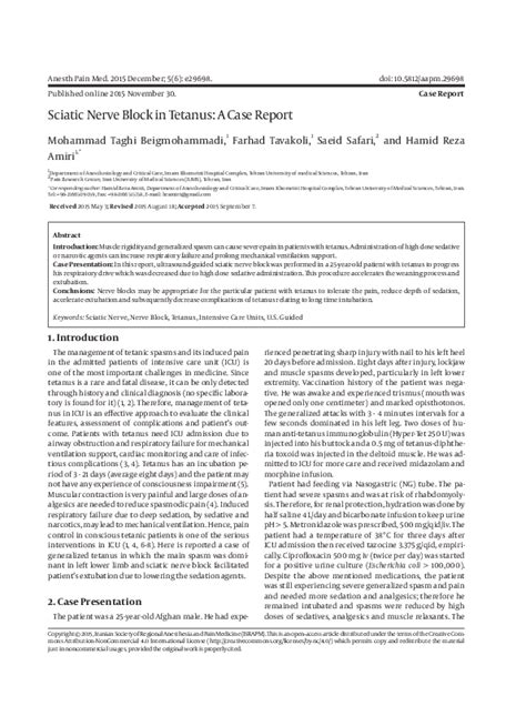 Pdf Sciatic Nerve Block In Tetanus A Case Report