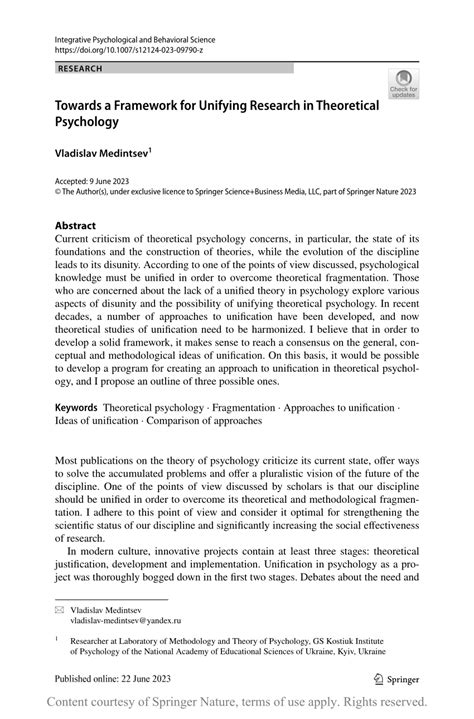 Towards A Framework For Unifying Research In Theoretical Psychology