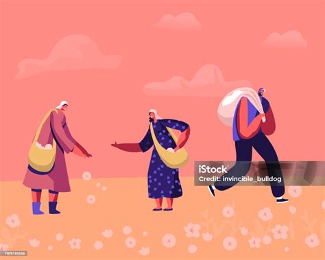 어깨 가방을 들고 현장 여성에게 잘 익은 면꽃을 따는 사람들 남자 노동자는 원료로 가득 찬 자루를 들고 있습니다 농장 만화 플랫 벡터 일러스트에 계절 작업 가득 찬에 대한