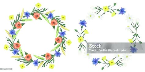 카모마일 옥수수 꽃 양귀비 녹색 잎 귀 다채로운 초원 꽃 수채화 꽃 화환 결혼식 초대장 인사말 카드 및 기타 프레임 벡터 그림입니다 0명에 대한 스톡 벡터 아트 및 기타