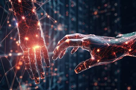 Hands Of Robot And Human Touching On Big Data Network Connection Background Generative Ai Stock