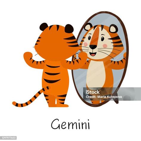 조디악 사인 쌍둥이 자리 거울 앞에서 포즈를 취하는 귀여운 호랑이 2022 년 별자리의 개념 중국 달력에 따라 호랑이의 년 벡터 스톡 플랫 핸드 그린 일러스트레이션 은