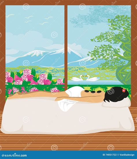Woman Getting Hot Stone Massage In Spa Salon Stock Vector