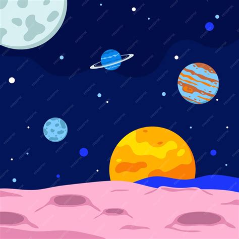 분화구 평면 벡터 일러스트와 함께 공간과 행성 배경 행성 표면 프리미엄 벡터