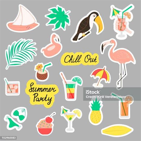 귀 엽 고 재미 있는 여름 스티커의 집합입니다 과일 칵테일 야자수 열 대 잎 투 칸 플라밍고 팬시 오브젝트 해변 파티 벡터 요소입니다 개념에 대한 스톡 벡터 아트 및 기타