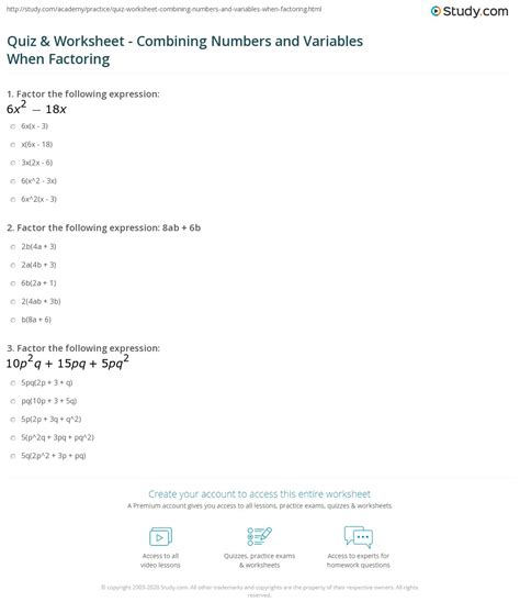 Quiz And Worksheet Combining Numbers And Variables When Factoring
