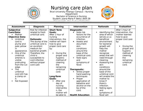 Nursing Care Plan Assessment Diagnosis Planning Intervention