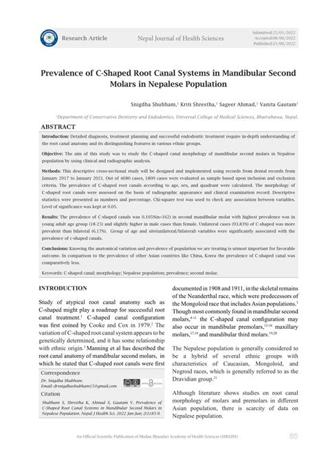 Pdf Prevalence Of C Shaped Root Canal Systems In Mandibular Second Molars In Nepalese Population