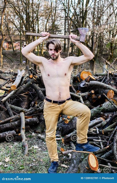 Man Beaded Brutal Lumberjack Carry Axe Masculine Leisure Lumberjack Woodman Naked Muscular
