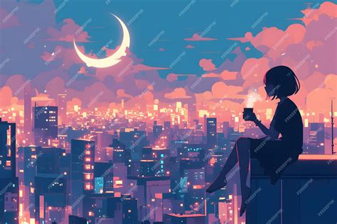 Premium Photo Twilight Tranquility Anime Girl On City Rooftop Anime