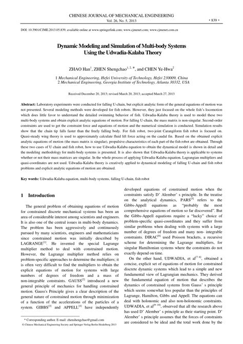 Pdf Dynamic Modeling And Simulation Of Multi Body Systems Using The Udwadia Kalaba Theory