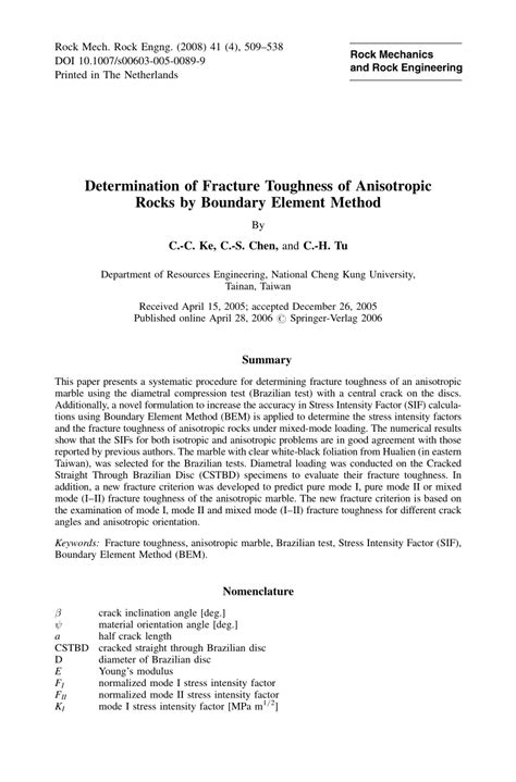 Pdf Determination Of Fracture Toughness Of Anisotropic Rocks By Boundary Element Method