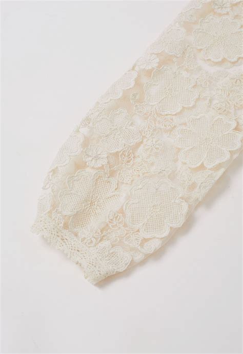 Velvet Bowknot Floral Embroidery Sheer Mesh Top Retro Indie And