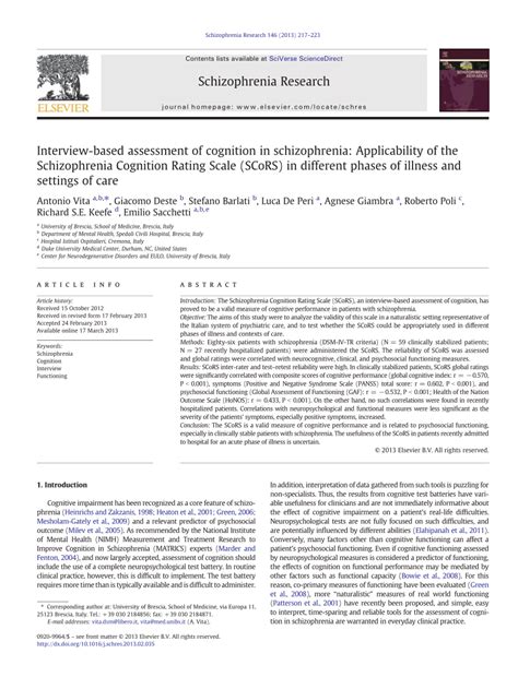 Pdf Interview Based Assessment Of Cognition In Schizophrenia Applicability Of The
