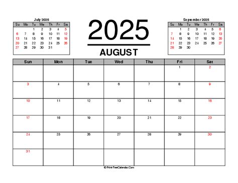 Download August 2025 Calendar Previous Next Month Sunday Start Pdf Word Excel Landscape Layout