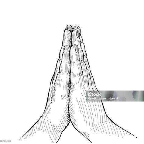 기도로 접힌 손을 감고 옆으로보기 손 언어 흰색 배경에 흑백 벡터 일러스트 레이 션 60 64세에 대한 스톡 벡터 아트 및 기타 이미지 60 64세 개념 고풍스런