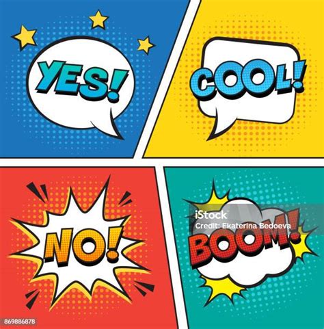 레트로 만화 연설 거품 화려한 배경 설정 식 텍스트 예 멋진 아니 붐 개체 그룹에 대한 스톡 벡터 아트 및 기타 이미지 개체 그룹 고풍스런 구름 Istock