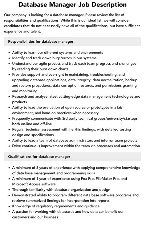 Database Manager Job Description Velvet Jobs