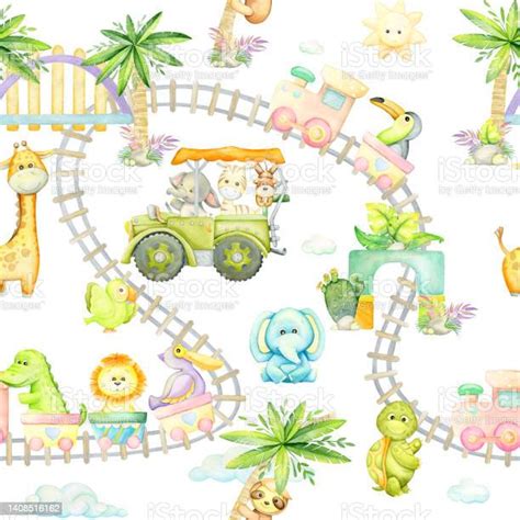 기린 악어 사자 앵무새 원숭이 나무늘보 얼룩말 거북이 코끼리 펠리컨 투칸 기차 Suv 수채화 매끄러운 패턴 고립 된 배경에 거북이에 대한 스톡 벡터 아트 및 기타 이미지