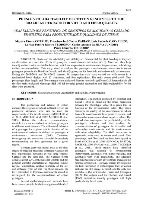 Pdf Phenotypic Adaptability Of Cotton Genotypes To The Brazilian Cerrado For Yield And Fiber