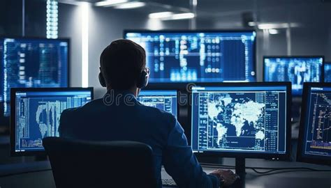 Security Analyst Monitoring Global Network Traffic On Multiple Large Computer Screens In A Dark