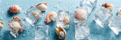 Scattered Ice Cubes With Fresh Shellfish Create A Refreshing Seafood