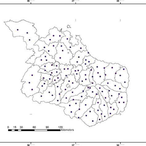 Points Of Longitude And Latitude Locations In Each District Used To