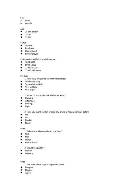 Fs Questionnaire Fs Questionnaire Sex A Male B Female Age 18 And Below 19 31 Status