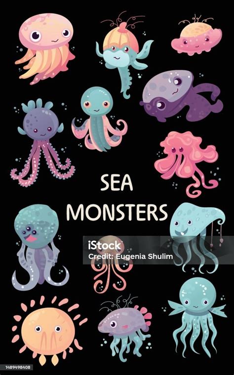 행복하고 재미있는 바다 만화 문어 괴물이 수영하고 밝은 배경을 보고 있다 어린이를 위한 플랫 벡터 그림입니다 0명에 대한 스톡 벡터 아트 및 기타 이미지 Istock