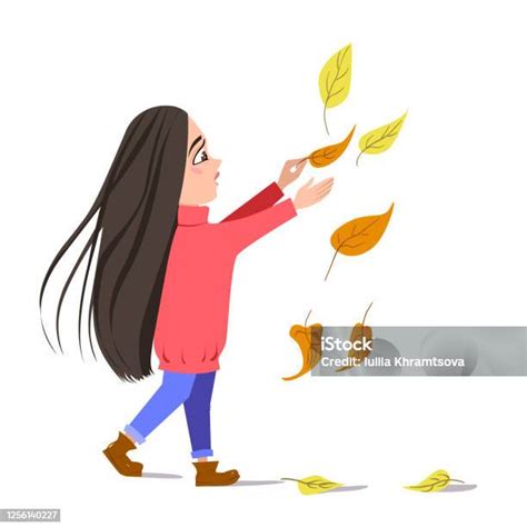 떨어지는 나뭇잎에서 춤추는 소녀의 벡터 플랫 일러스트 빨간 스웨터를 입은 검은 머리의 소녀 계절의 가을 인사 스톡 일러스트레이션 가을에 대한 스톡 벡터 아트 및 기타 이미지