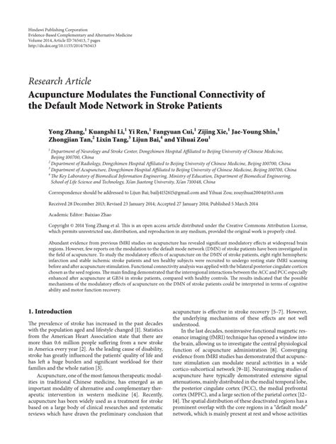 Pdf Acupuncture Modulates The Functional Connectivity Of The Default Mode Network In Stroke