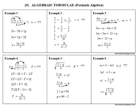 9 Formula Algebra Algebraic Formulae Chegu Zam
