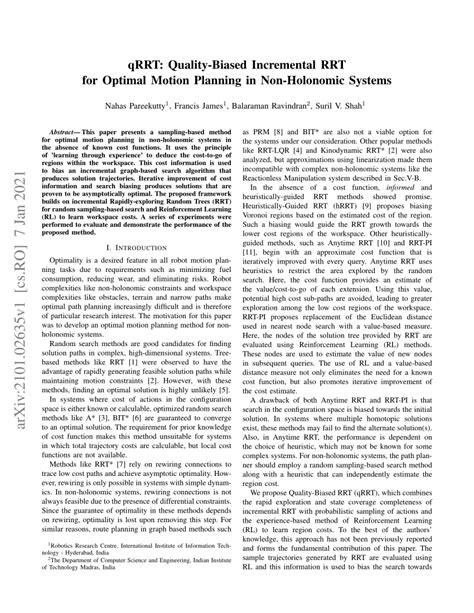 PDF QRRT Quality Biased Incremental RRT For Optimal Motion Planning In Non Holonomic Systems
