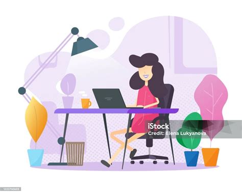 집 방 벡터 평면 다채로운 만화 학습 또는 연구 아이디어에 노트북 컴퓨터 작업 책상에 테이블 직장 또는 프리랜서 소녀 거리 작업