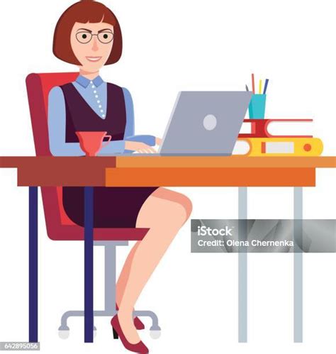 현대 평면 스타일에 벡터 그림입니다 사무실 노동자 책상 뒤에 웃 고 친절 한입니다 바퀴의 자 노트북으로 작품에 앉아 안경 예쁜 여자 경영자에 대한 스톡 벡터 아트 및 기타