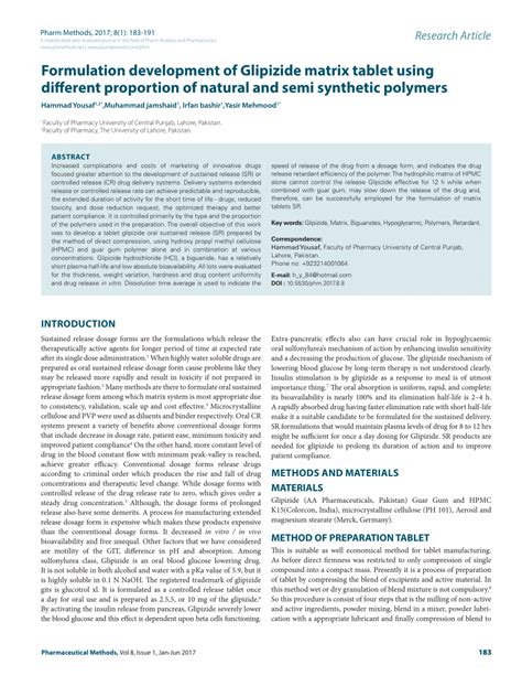 Pdf Formulation Development Of Glipizide Matrix Tablet Using Different Proportion Of Natural
