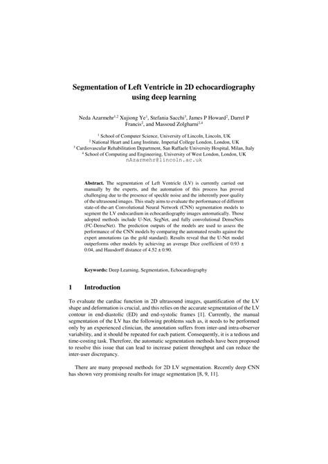 Pdf Segmentation Of Left Ventricle In 2d Echocardiography Using Deep Learning